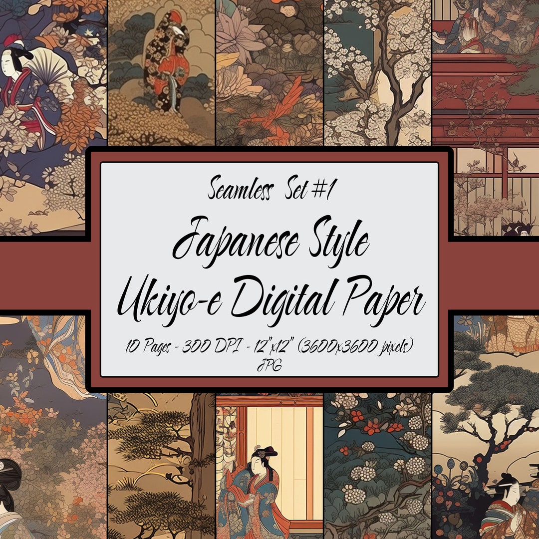 Japanese Digital Paper Seamless Ukiyo-e Style Scenes, 10 Print Set ...