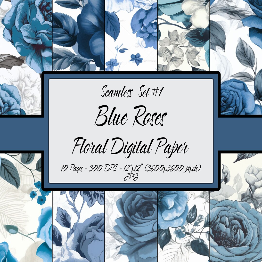 Blue Roses Floral Digital Seamless Paper Pack Set #01, Beautiful ...