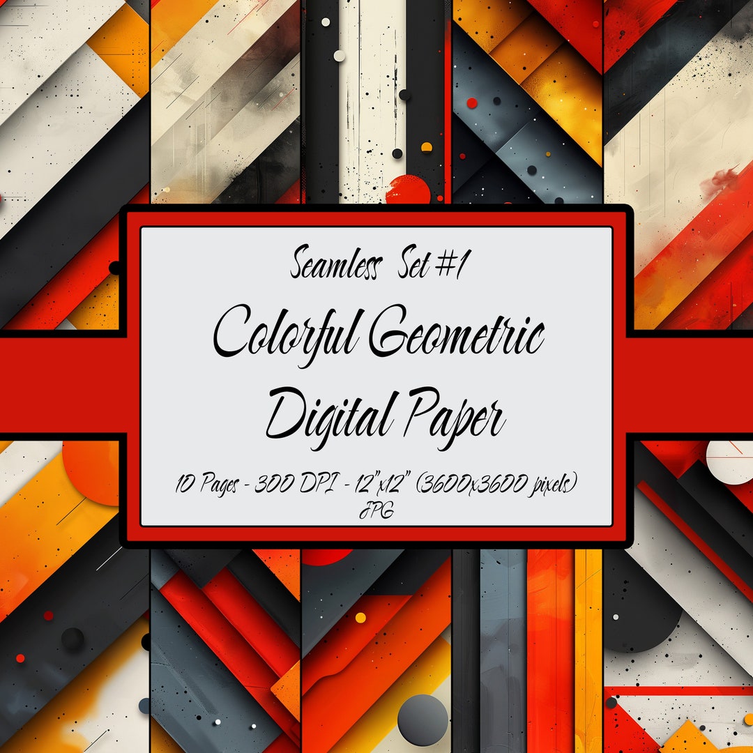 Art Print Digital Paper Pack, Colorful Geometric Seamless Design Bundle ...