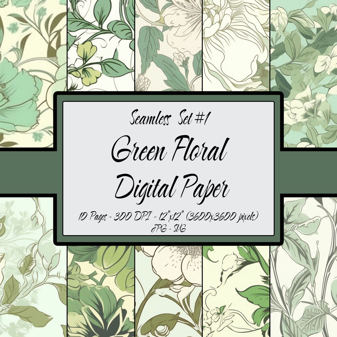 Digital Paper Seamless Pattern Bundle Pack, Green Floral Print, 10 Page ...