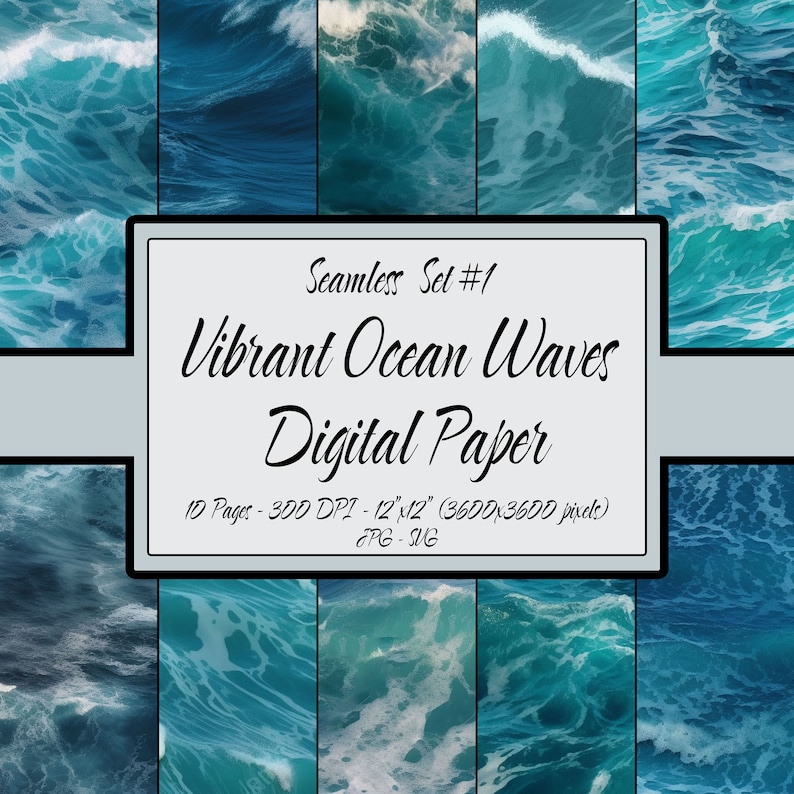 Ocean Waves Digital Paper Seamless Pattern, Blue Waves, 10 Print Set ...