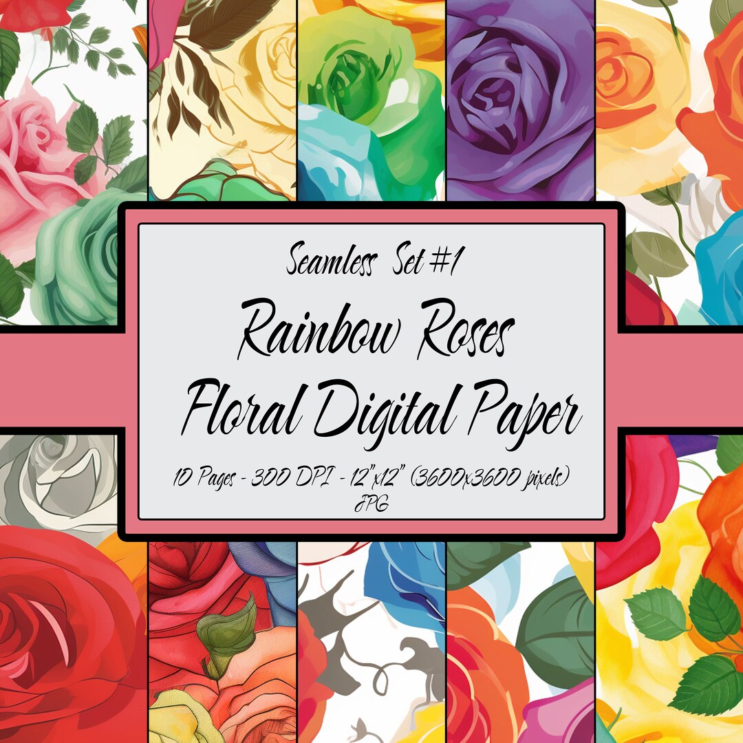 Colorful Rainbow Roses Digital Paper Seamless Pattern Pack, Flowers ...