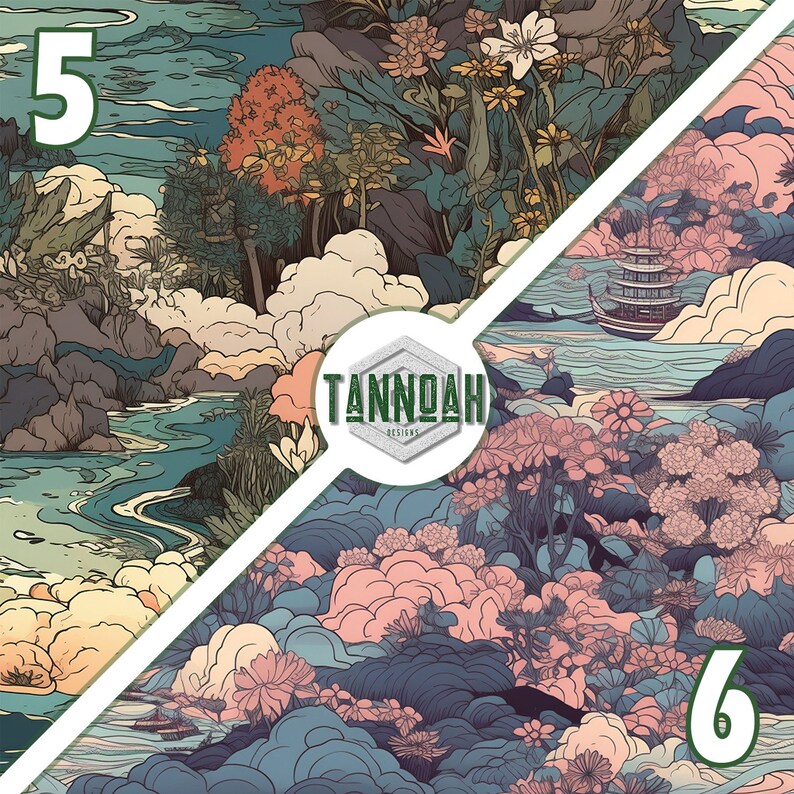 Japanese Digital Paper Seamless Nihonga Style Seascapes, 10 Print Set ...