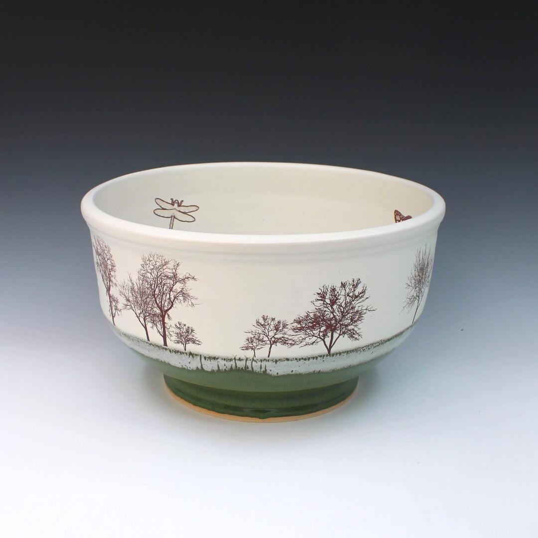 Hand-thrown Ceramic Serving Bowl With Trees Design – Folk Art Pottery ...