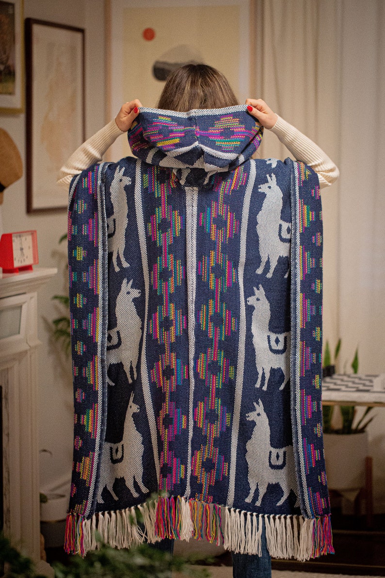 Hooded Alpaca Wool Poncho With a Traditional Design From Peru / Unisex ...