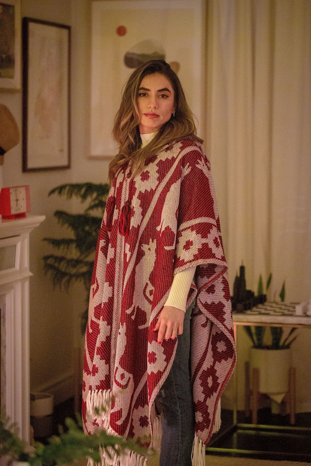 Hooded Alpaca Wool Poncho With a Traditional Design From Peru / Unisex ...