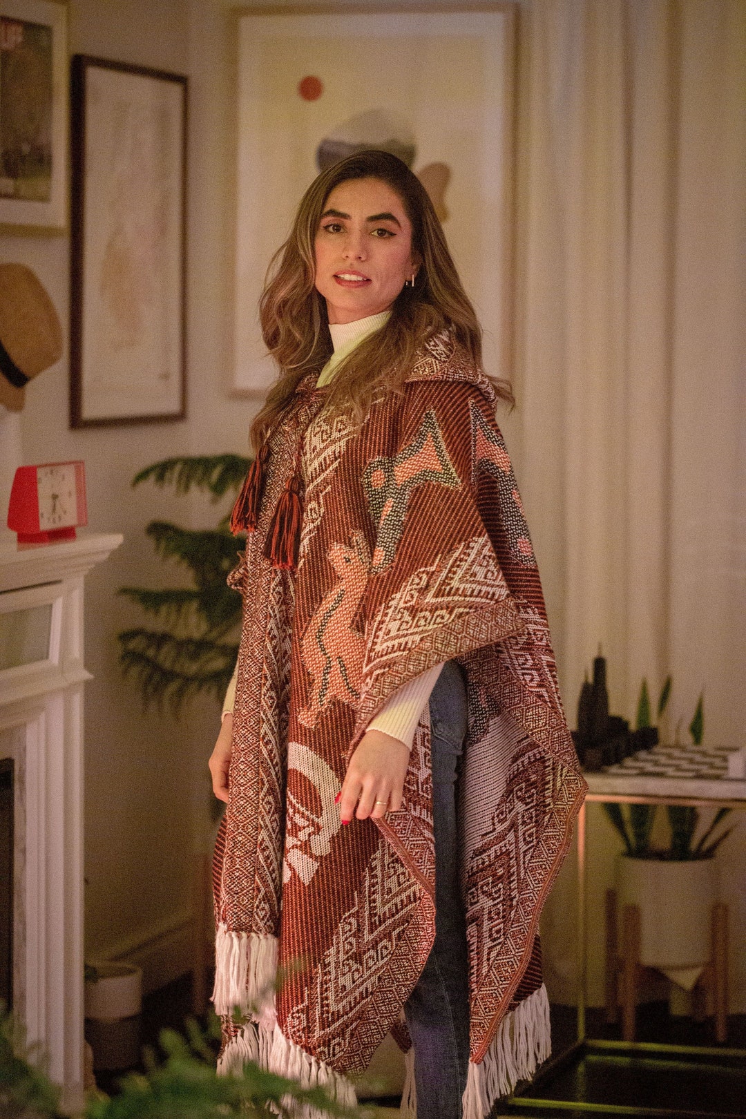 Hooded Alpaca Wool Poncho With a Traditional Design From Peru / Unisex ...