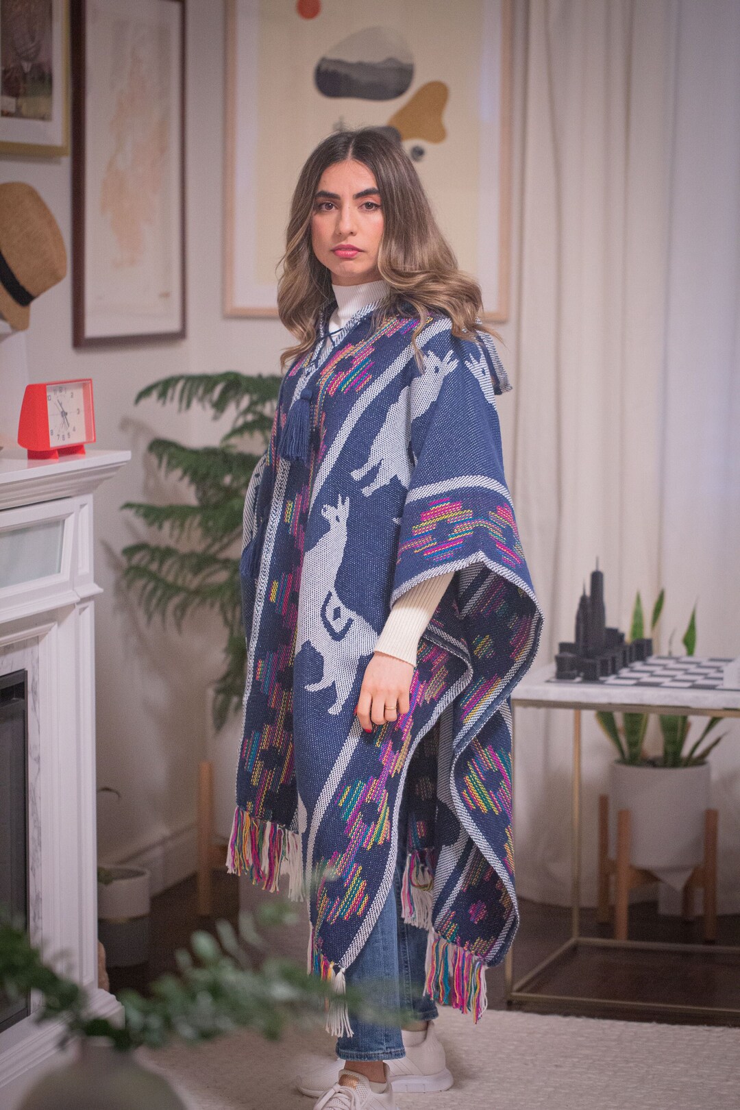 Hooded Alpaca Wool Poncho With a Traditional Design From Peru / Unisex ...