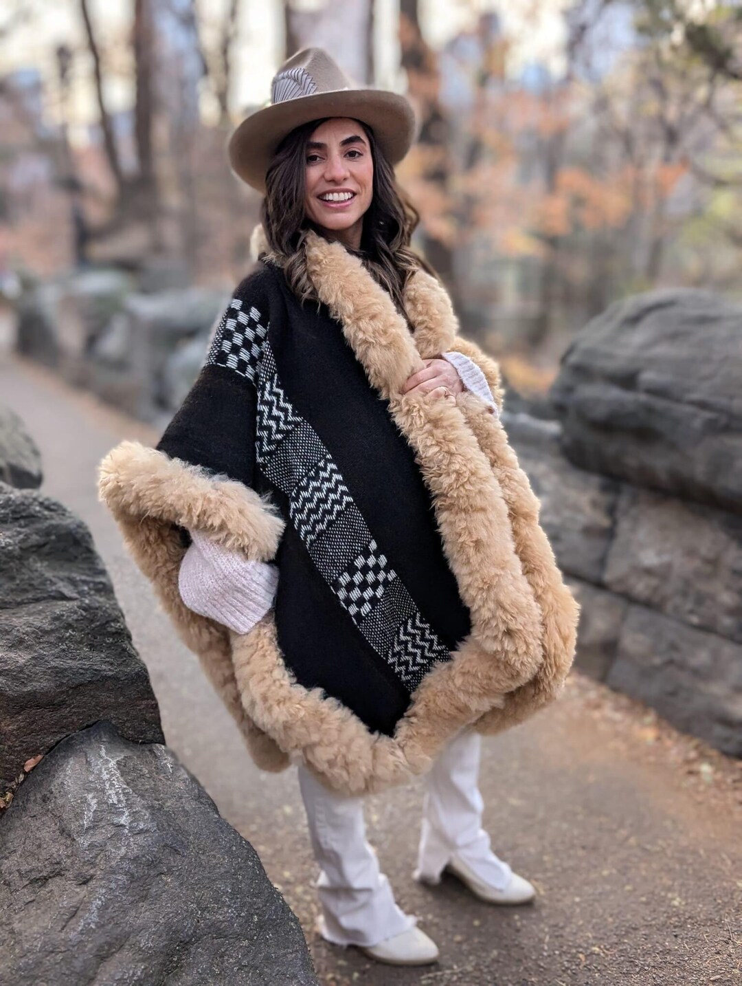 Rare Alpaca Poncho Black Cape Light Brown Edges Handwoven in Peru by ...