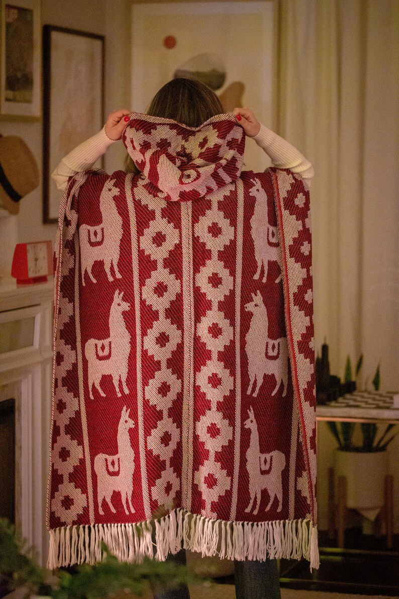 Hooded Alpaca Wool Poncho With a Traditional Design From Peru / Unisex ...