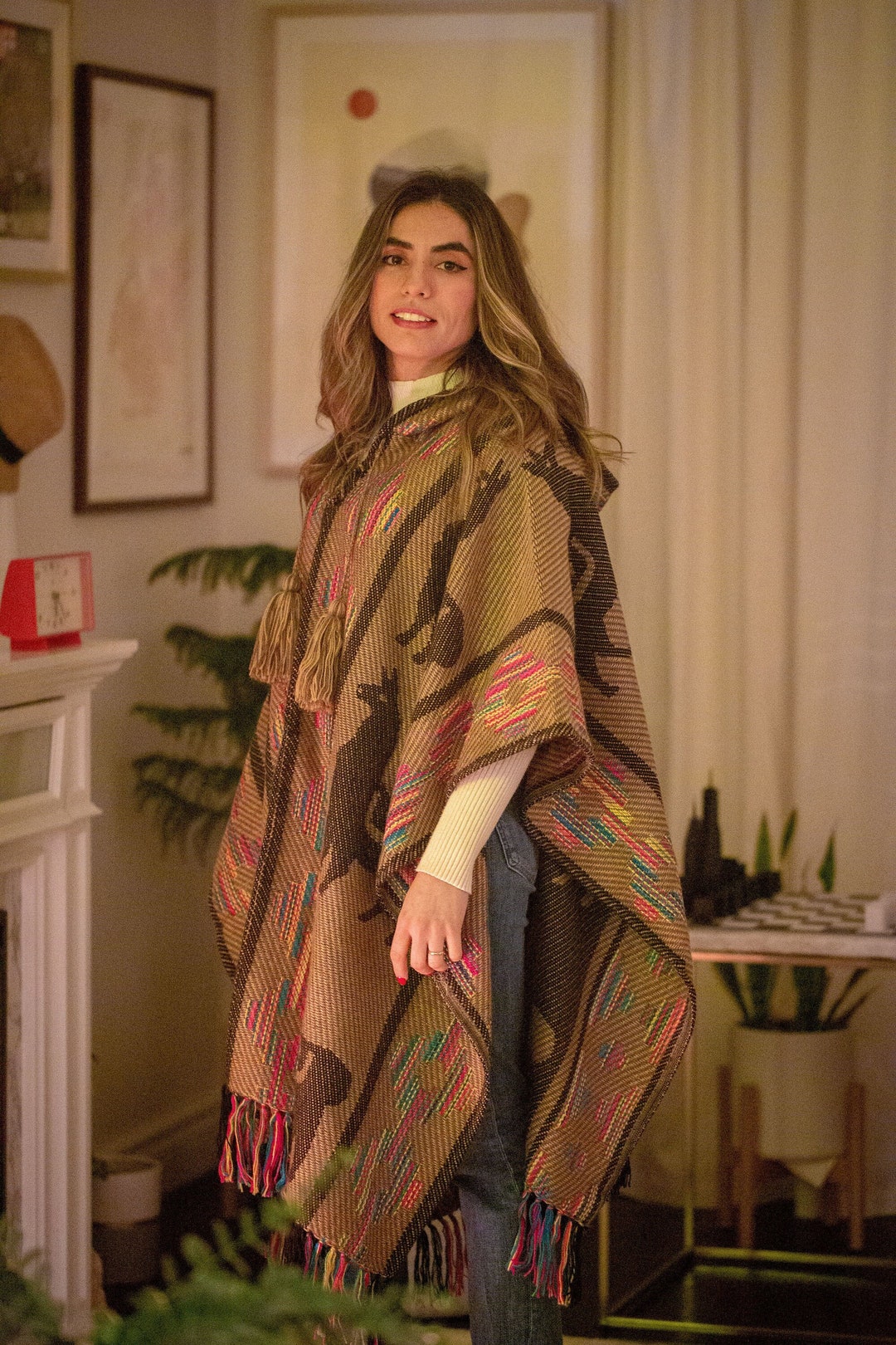 Hooded Alpaca Wool Poncho With a Traditional Design From Peru / Unisex ...