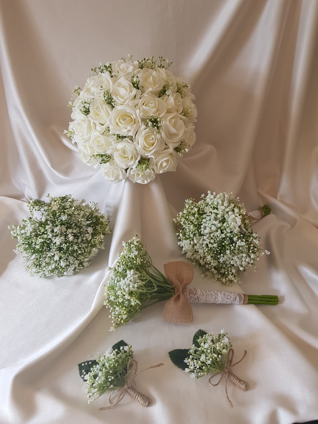 Ivory Rose and Gypsophila Wedding Flowers Brides Bouquet Bridesmaid ...