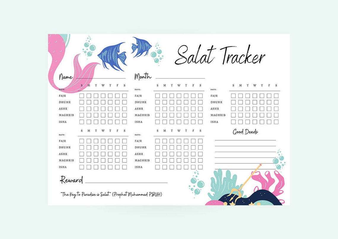 Kids Salat Tracker Mermaid, Printable, Muslim Children Planner, Muslim ...