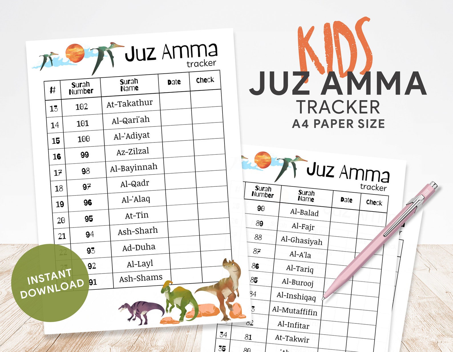 Kids Juz Amma Tracker Dinosaur Printable, Muslim Children Planner, Juz ...