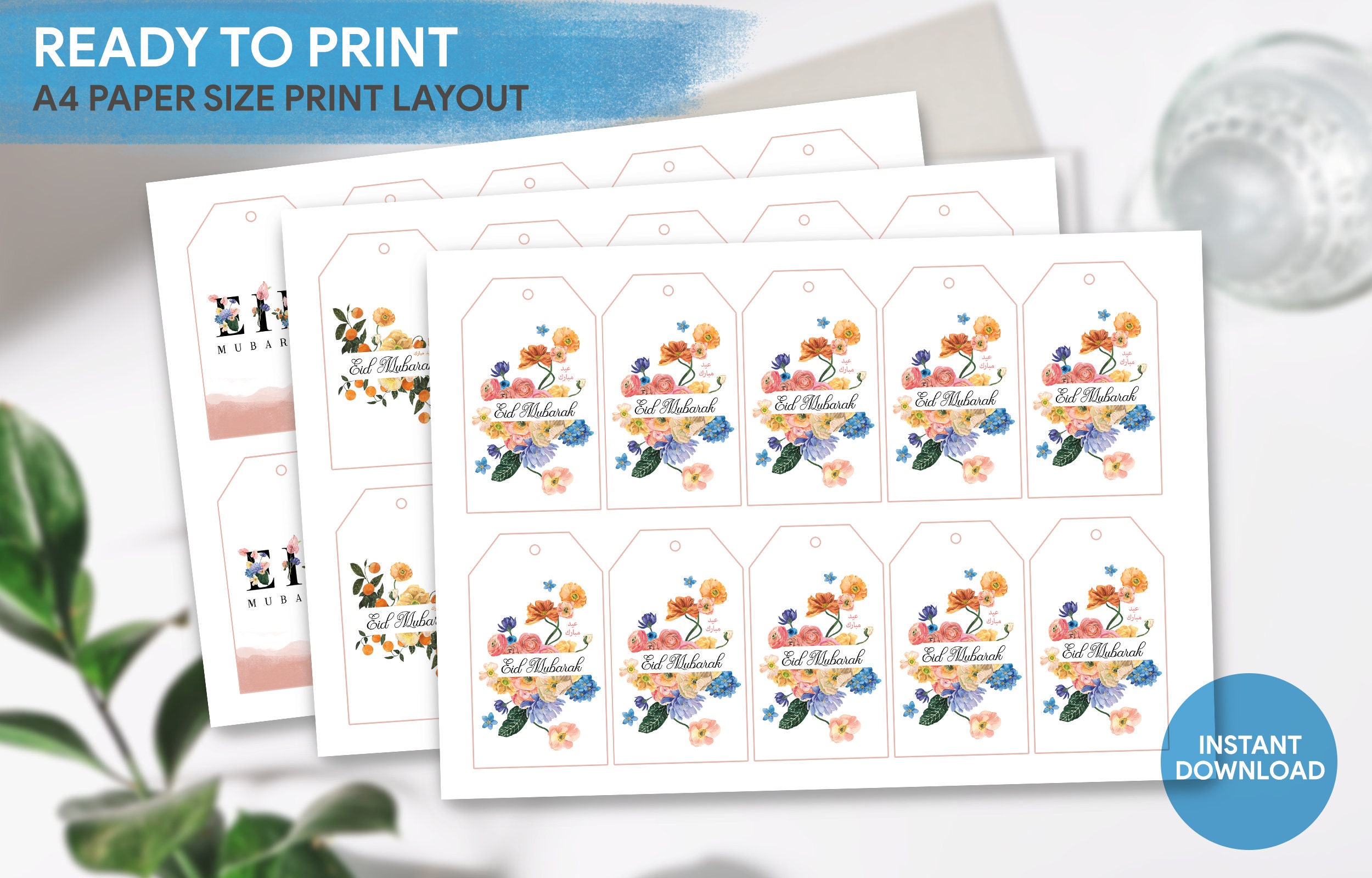 3 Floral Eid Mubarak Gift Tag Printables Pack, Eid Mubarak Print, Eid ...