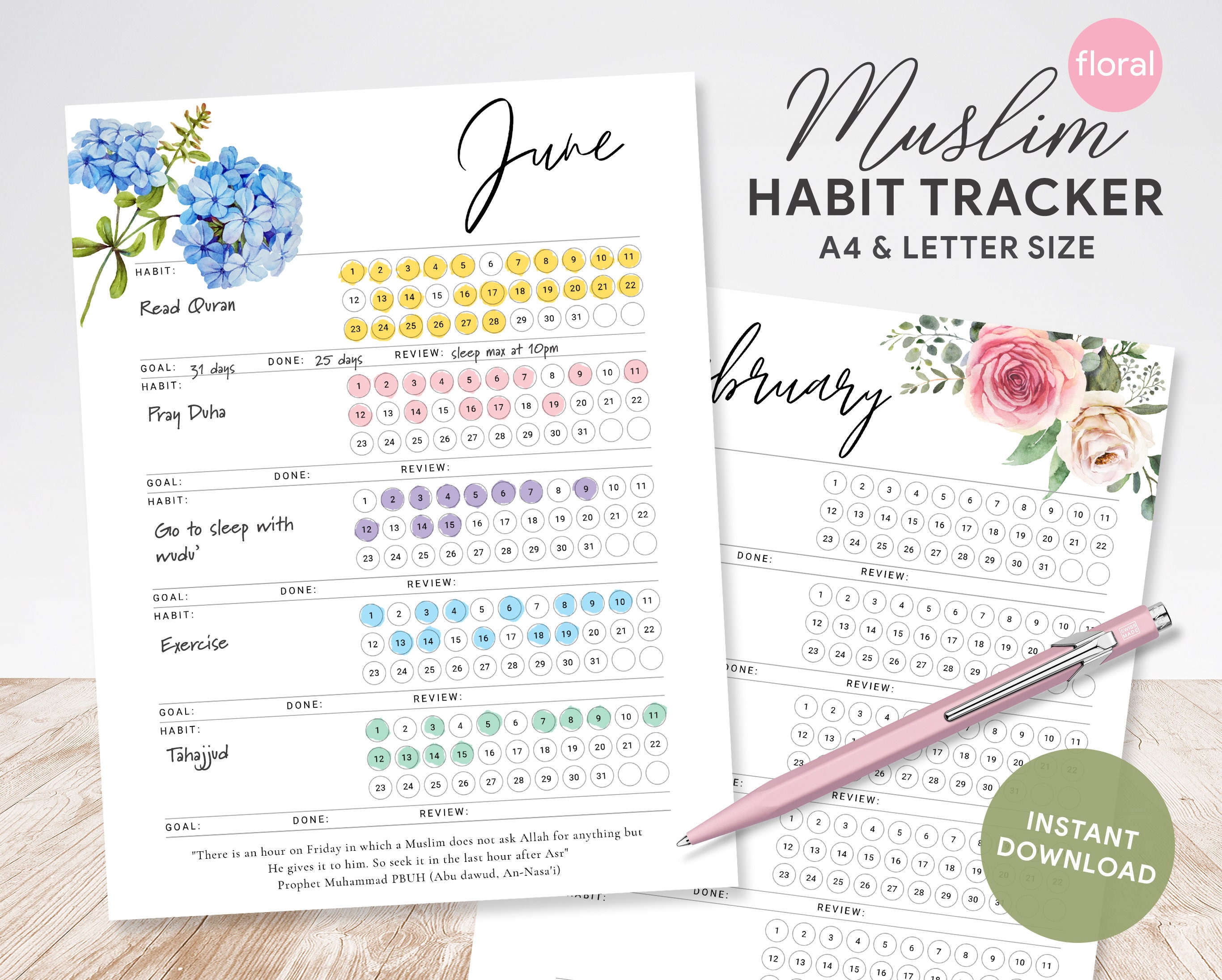 Floral Habit Tracker Printable for Muslim, Muslim Planner Inserts ...