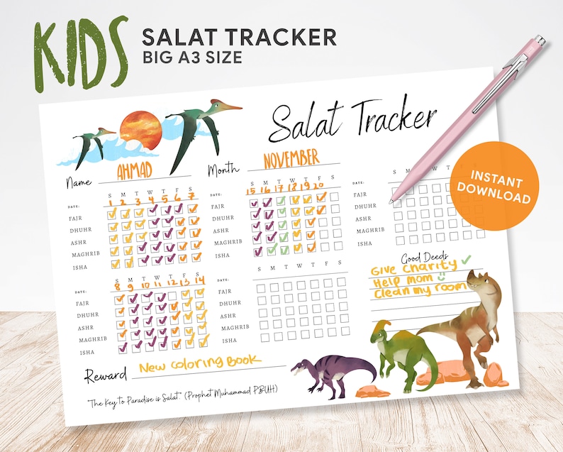 Kids Salat Tracker Dinosaur, Printable, Muslim Children Planner, Muslim ...