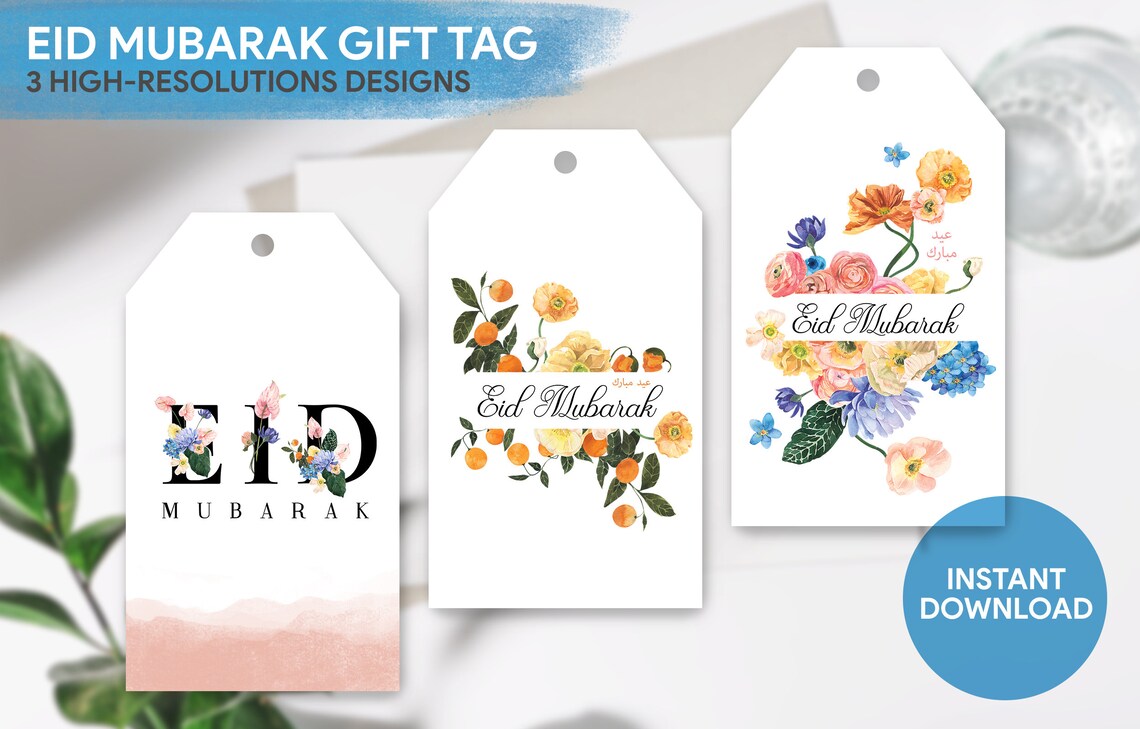 3 Floral Eid Mubarak Gift Tag Printables Pack, Eid Mubarak Print, Eid ...