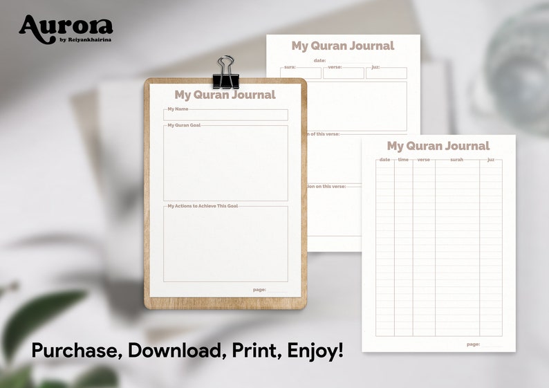 Simple Quran Journal Printables, Quran Notebook, Quran Planner, Quran ...