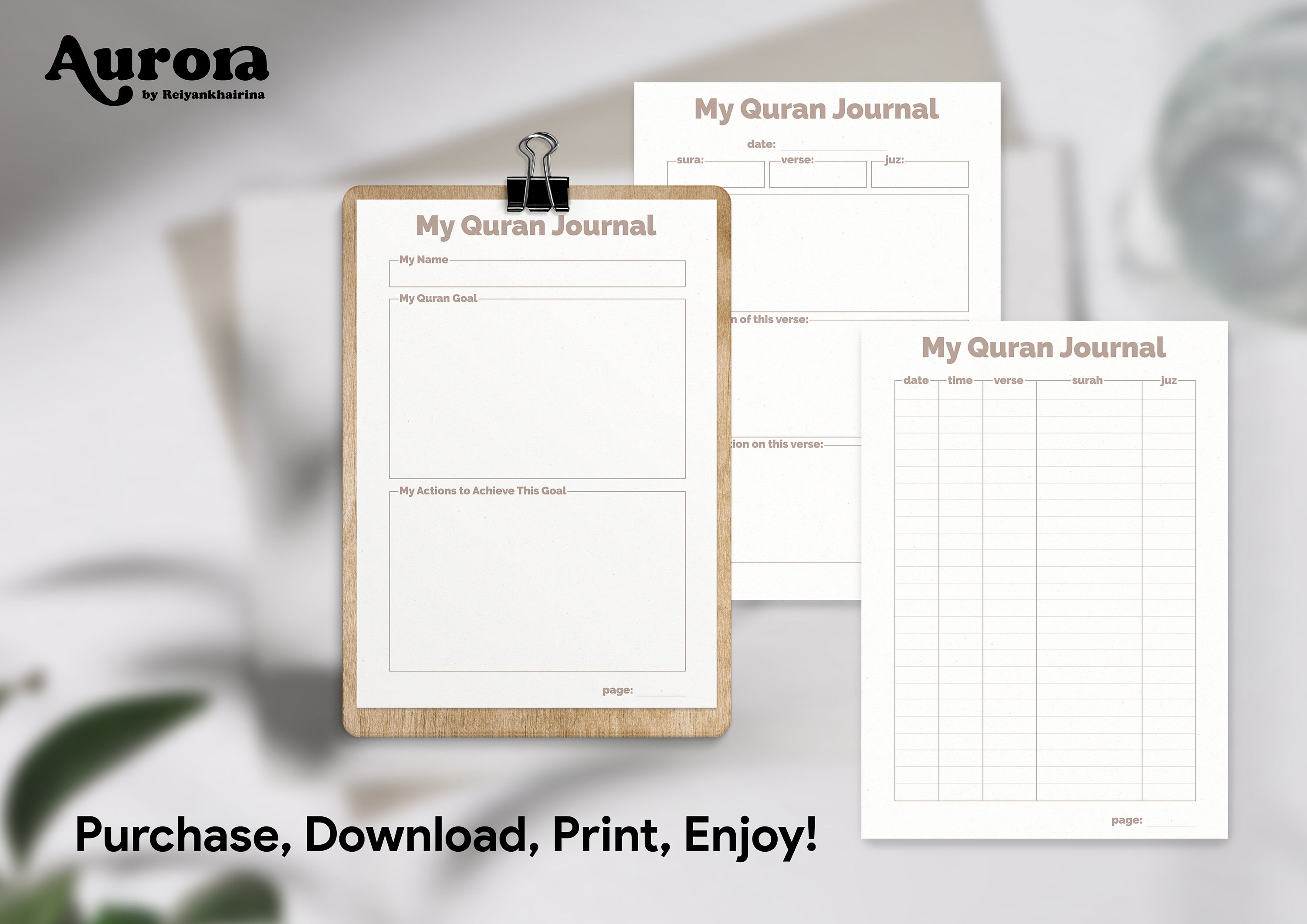 Simple Quran Journal Printables, Quran Notebook, Quran Planner, Quran ...