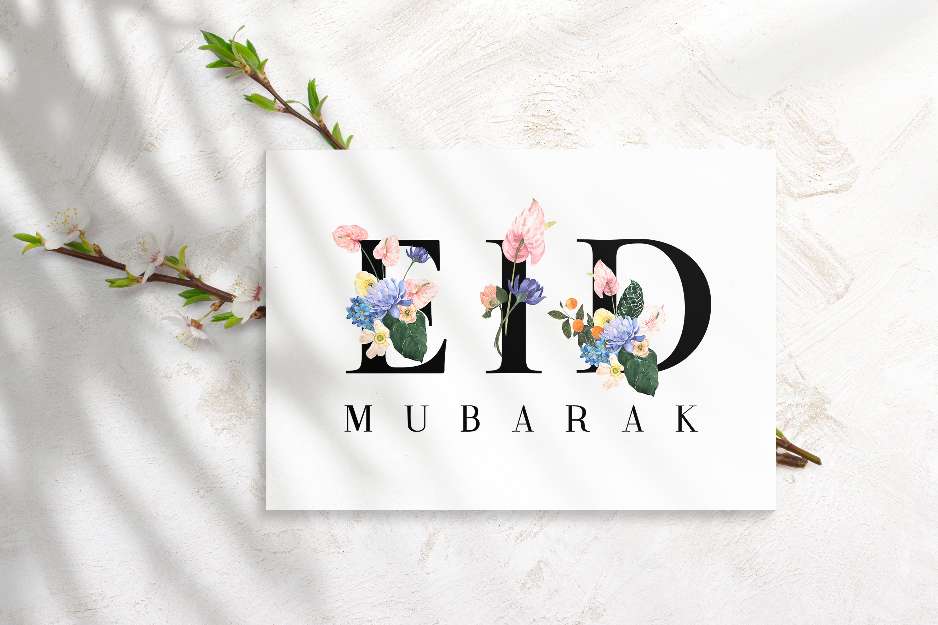Floral Eid Mubarak Greeting Card, Eid Mubarak Print, Eid Cards, Eid ...