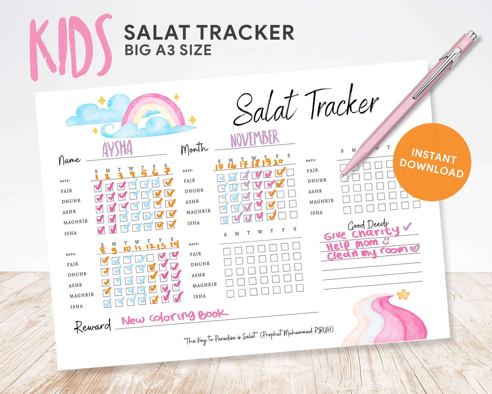 Kids Salat Tracker Pink + BONUS, Printable, Muslim Children Planner ...