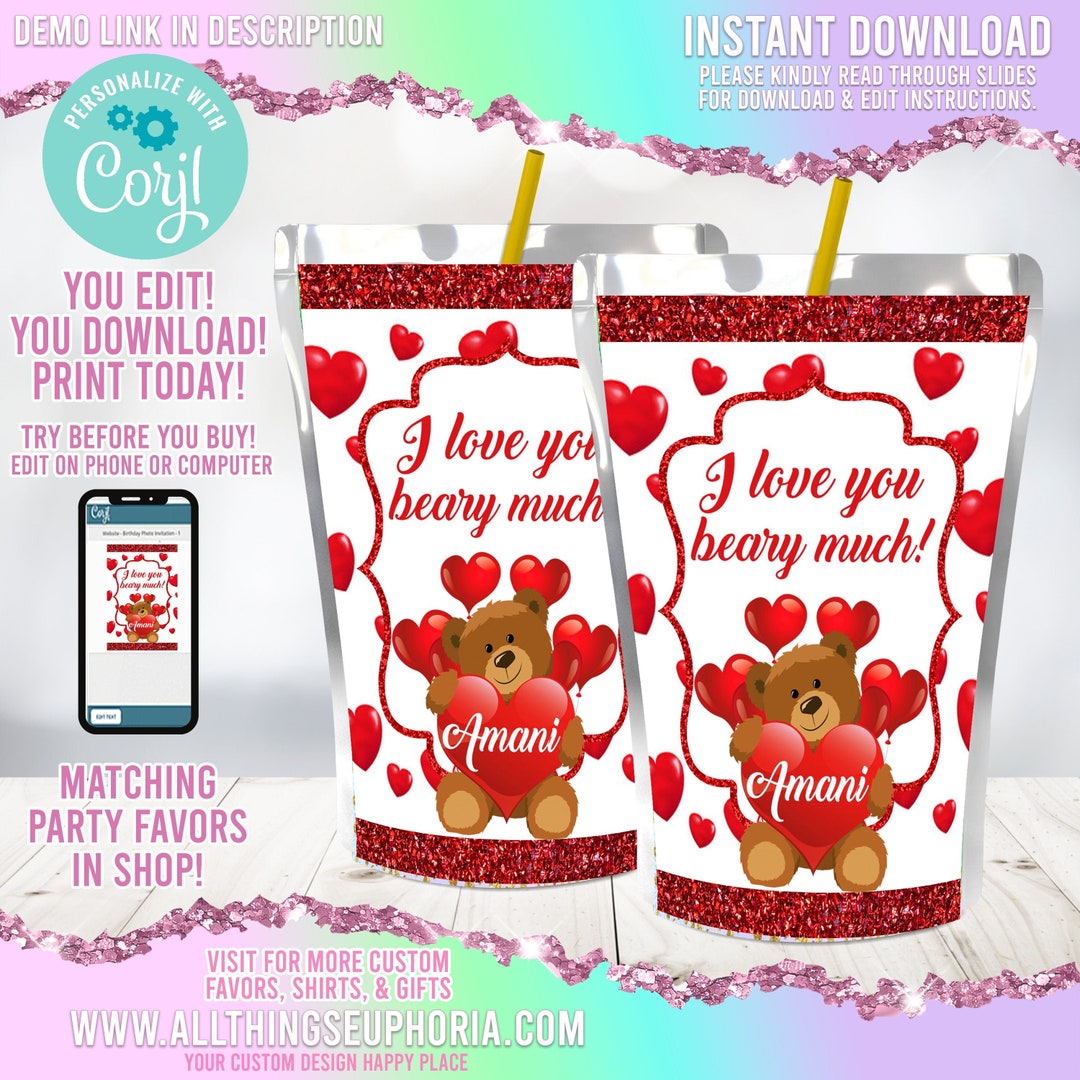 Valentine's Day Juice Pouch | Valentine Favors | I Love You Beary Much ...