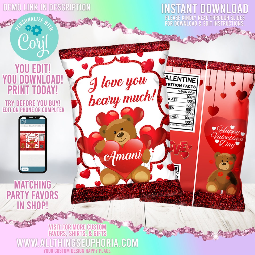 Valentine's Day Chip Bag | Valentine Favors | I Love You Beary Much ...