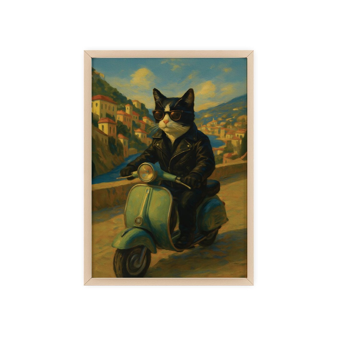 Cool Cat on Vespa Oil Painting Art Print, Cat in Leather Jacket Riding ...