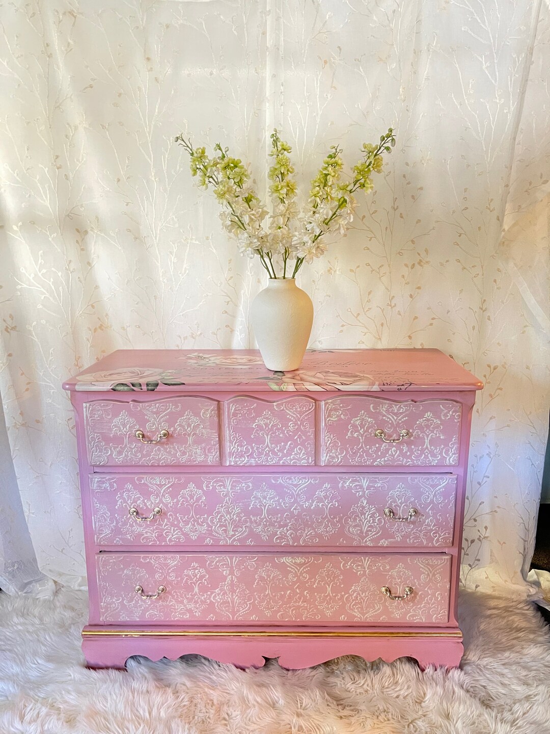 Girls Painted Pink Dresser With Playful Stripes, Upcycled Furniture ...