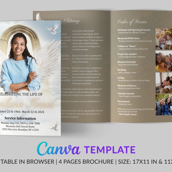 Heavenly Dove Funeral Program Template Funeral Program Memorial Program ...