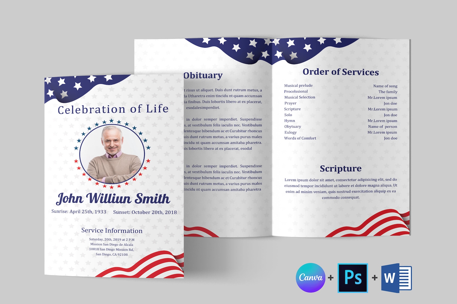 American Flag Military Veteran Funeral Program Template Funeral Program ...