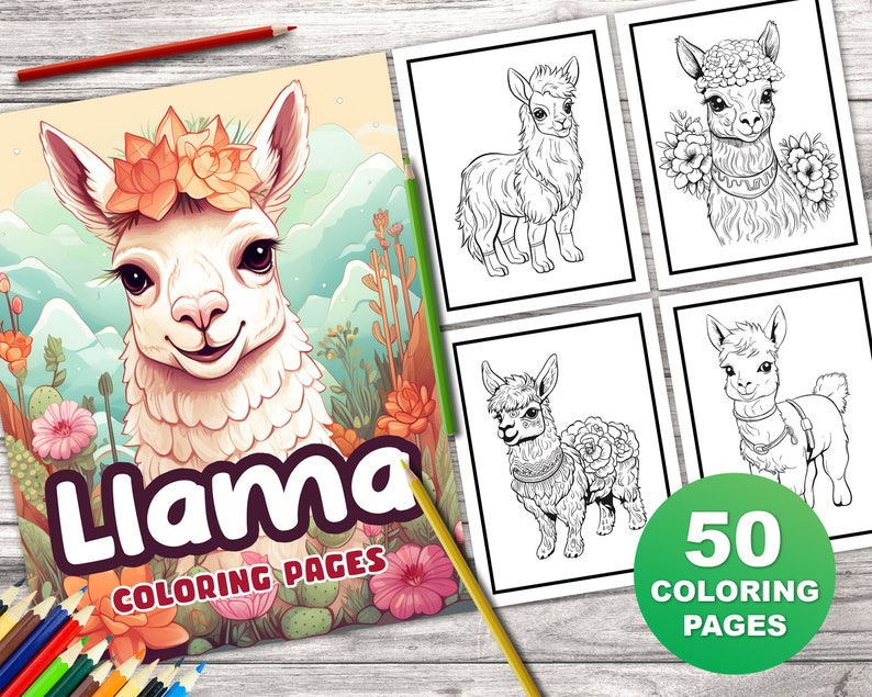 50 Cute Llama Alpaca Coloring Book for Kids and Adults Llamas Coloring ...