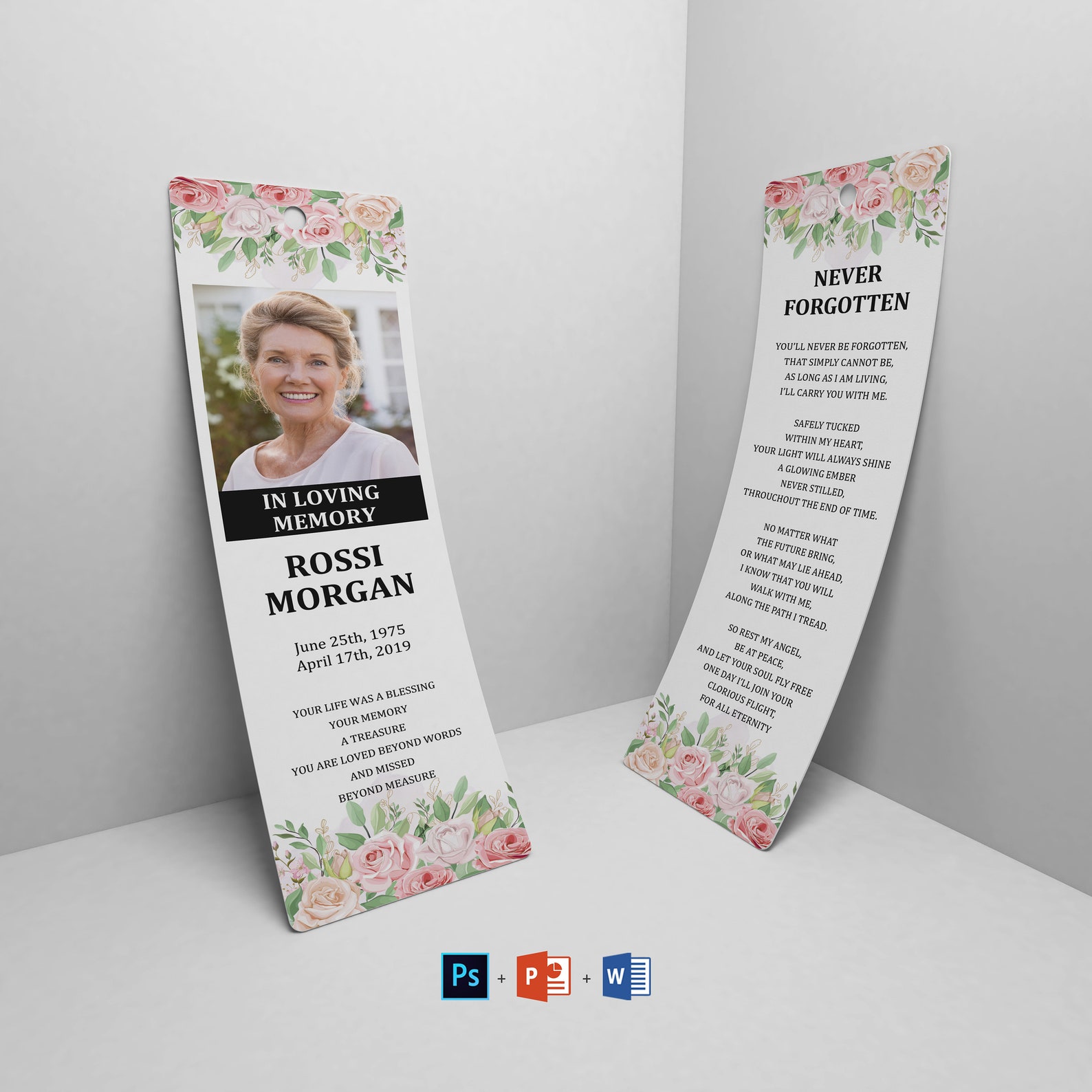 Pink Rose Funeral Bookmark Template Memorial Bookmark - Etsy