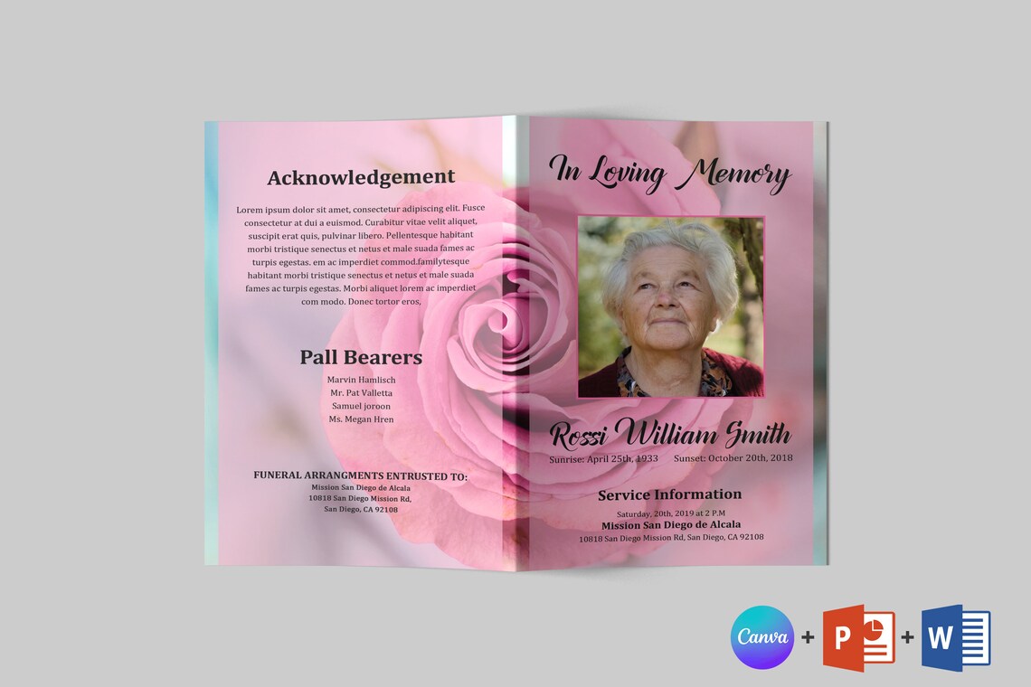 Pink Rose Funeral Program Template Funeral Program Template - Etsy