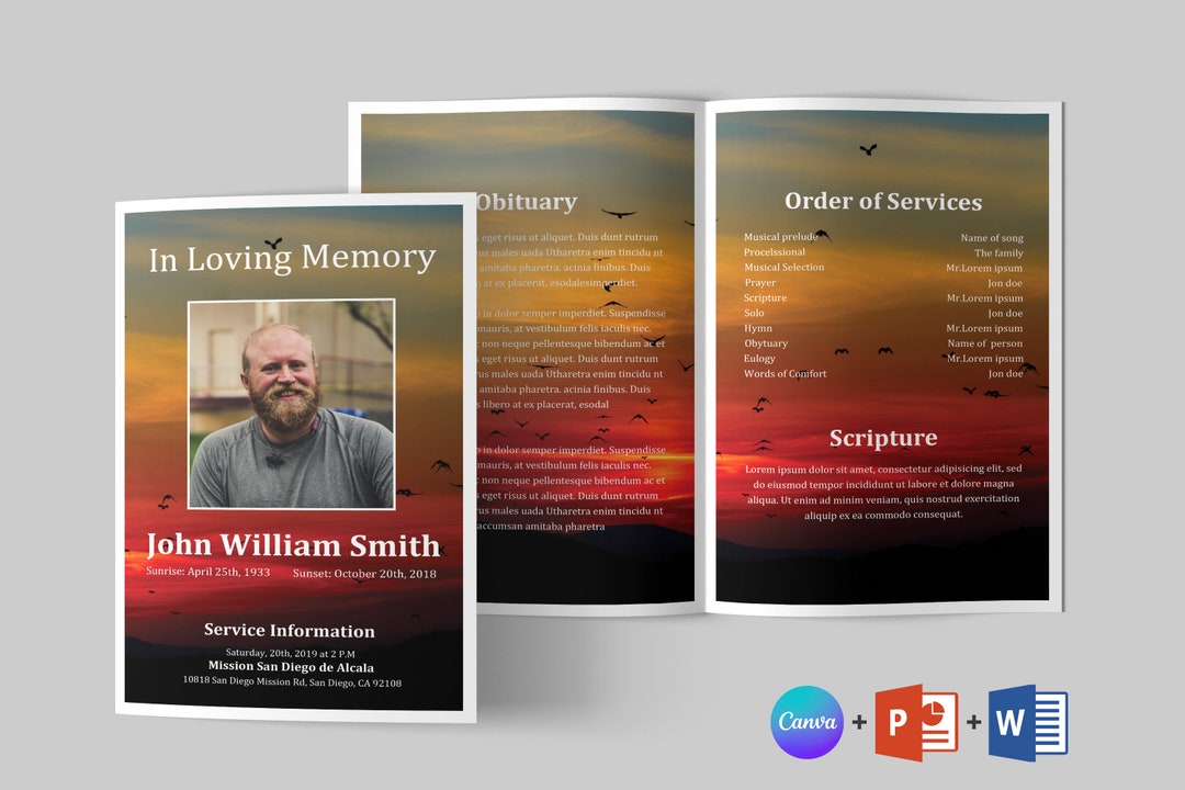 Sunset Funeral Program Template: Bifold Memorial (canva, Word ...