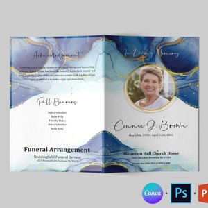 Blue Gold Funeral Program Template: Bifold Obituary (canva, Word, PSD ...
