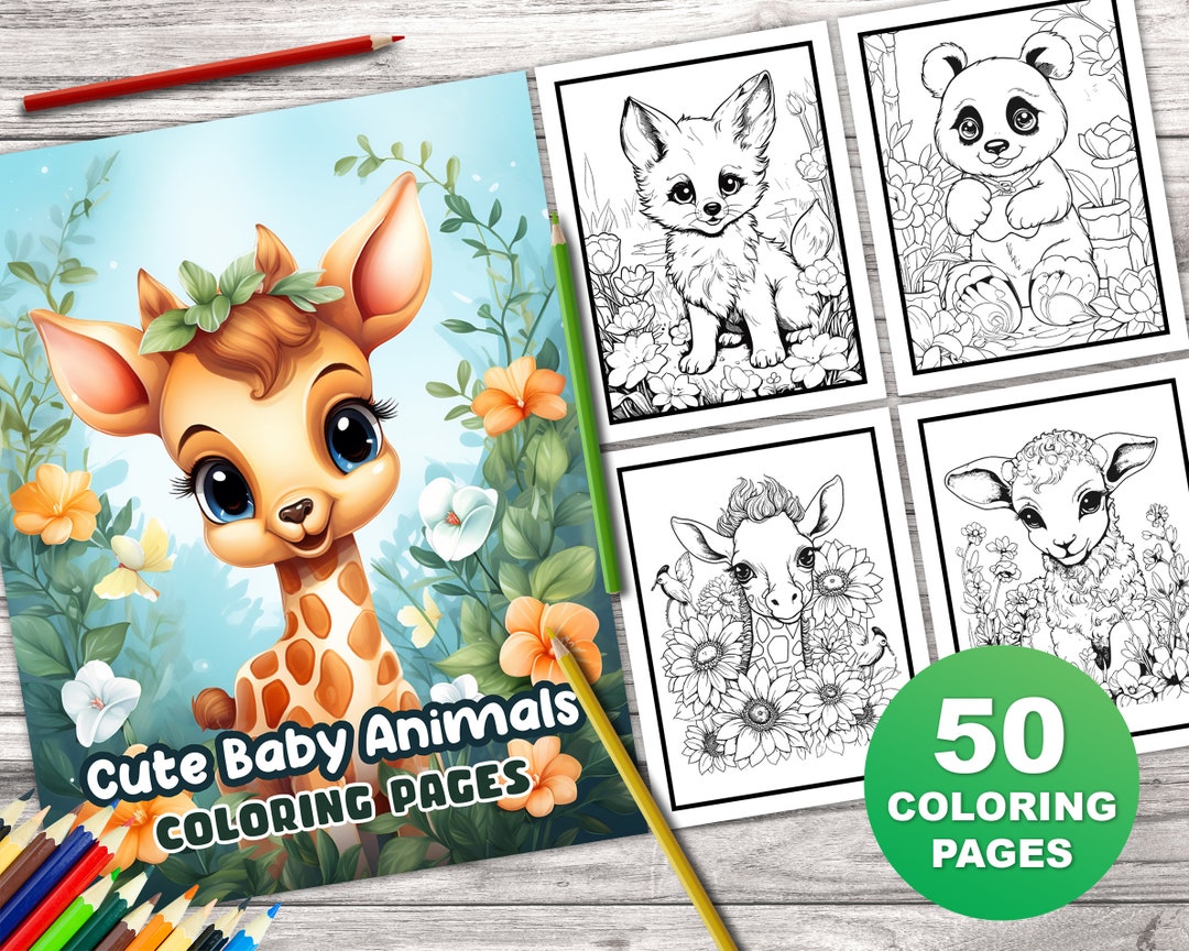 50 Baby Animals Coloring Book for Kids and Adults Cute Baby Animals ...