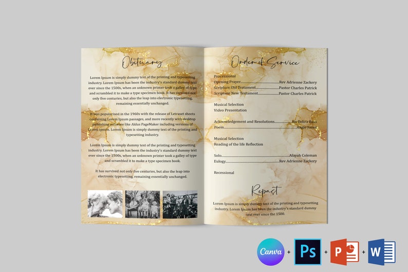 Golden Funeral Program Template: Bifold Obituary (canva, Word, PSD) - Etsy