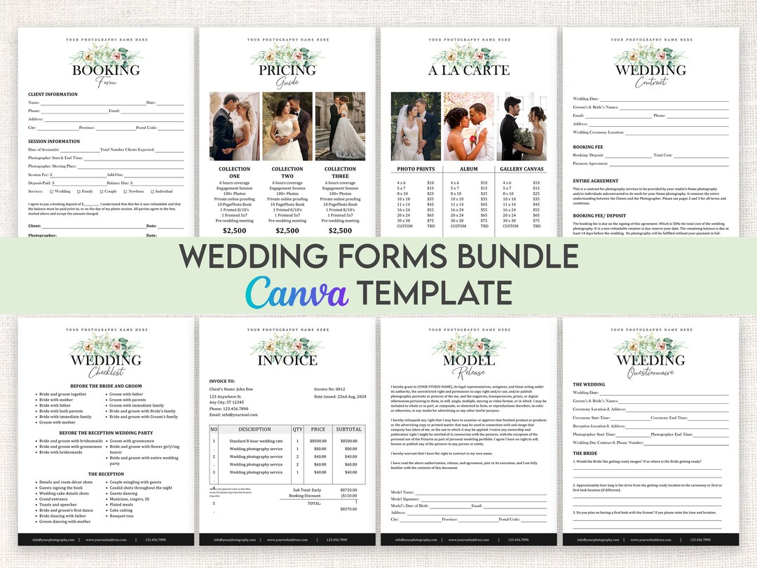 Wedding Photography Forms Bundle: Contract, Checklist, Canva Template ...
