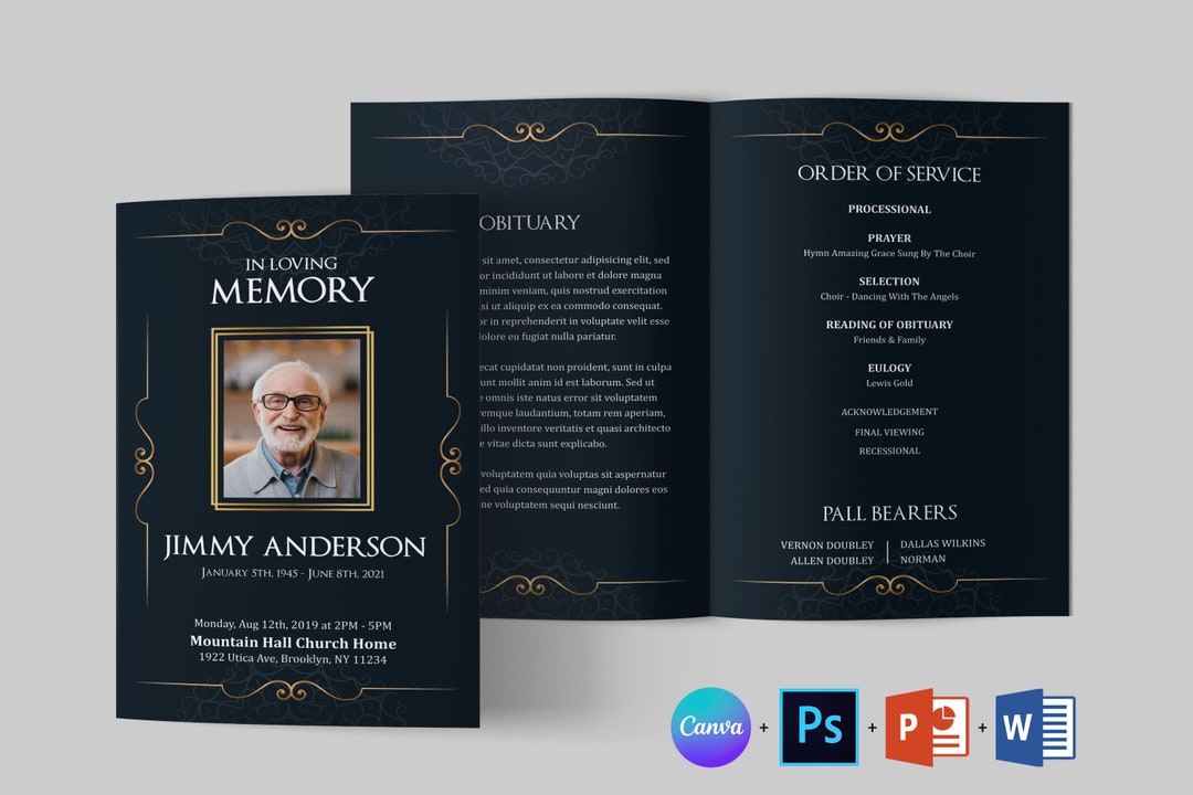 Blue & Gold Funeral Program Template: Obituary, Memorial (photoshop ...