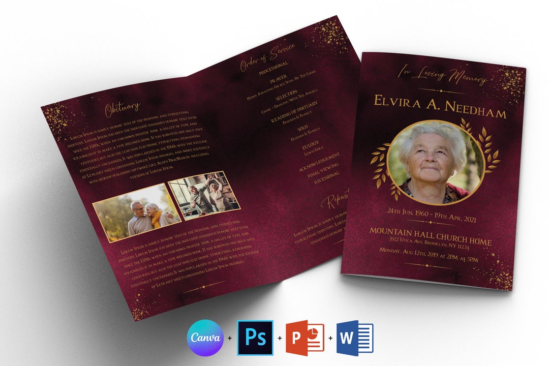 Burgundy Gold Funeral Program Template: Bifold Memorial (canva, Word ...