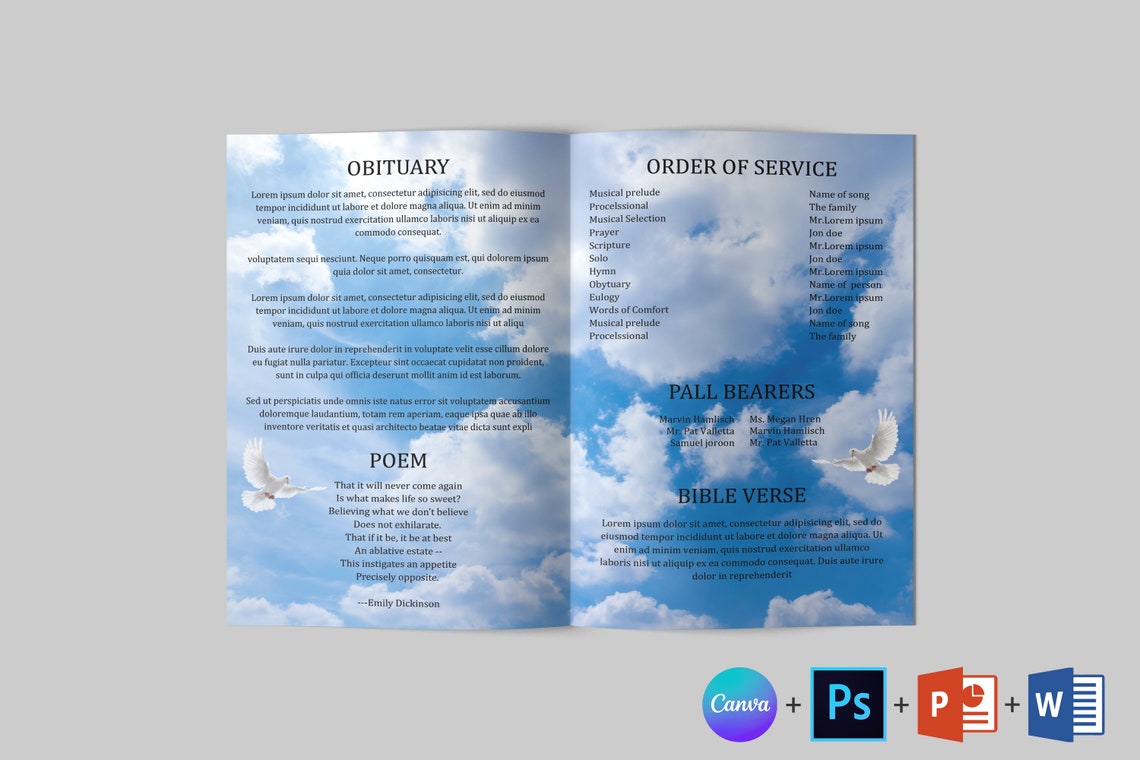 Heaven Gate Funeral Program Template: White Dove, Obituary (canva, Word ...