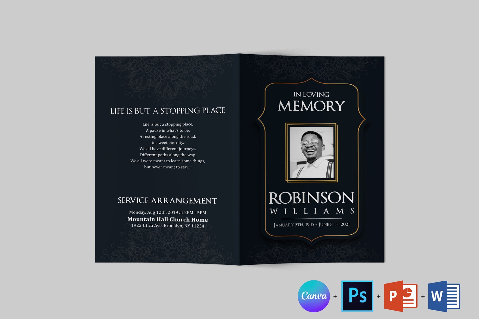 Blue Gold Funeral Program Template Funeral Program Template - Etsy