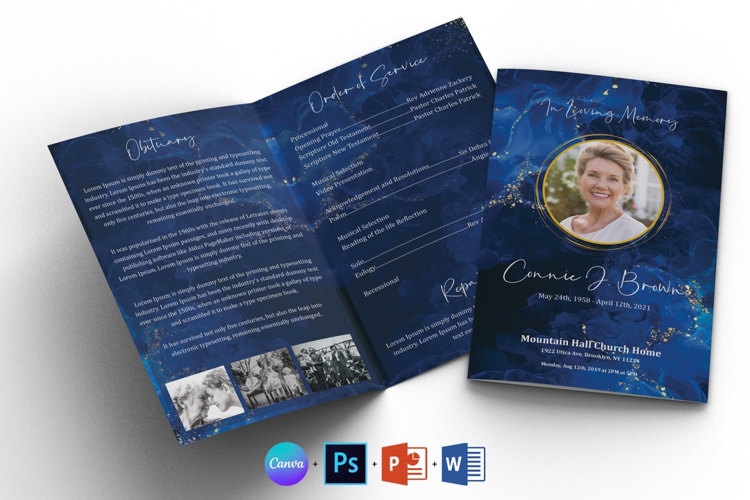 Blue Gold Funeral Program Template: Bifold Obituary (canva, Word ...
