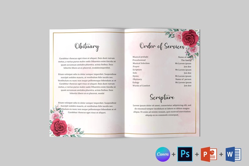 Rose Floral Funeral Program Template Funeral Program - Etsy