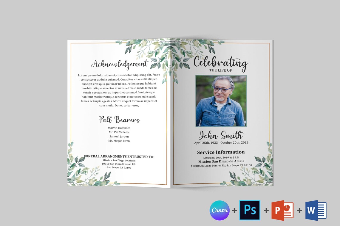 Greenery Funeral Program Template Funeral Program Template - Etsy