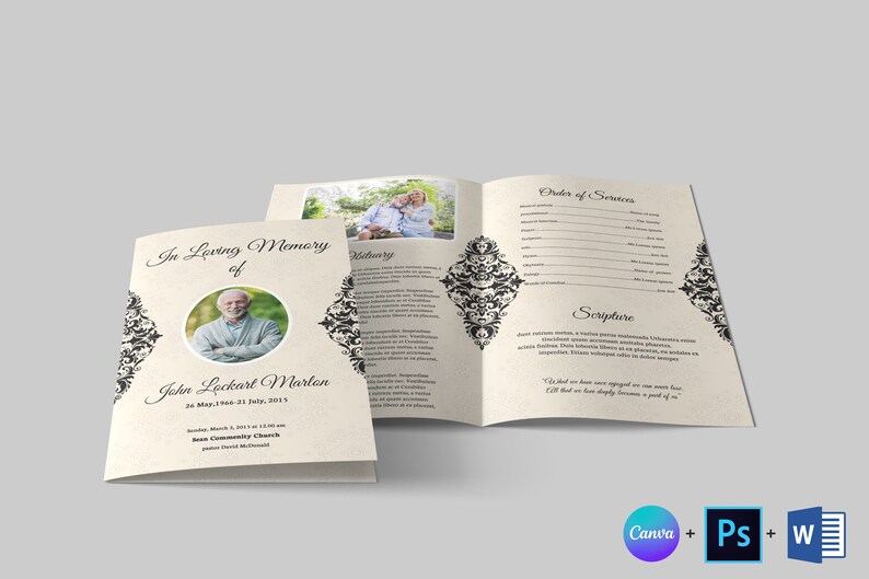 Modelo de programa funerário bifold: obituário memorial (Canva, Word ...