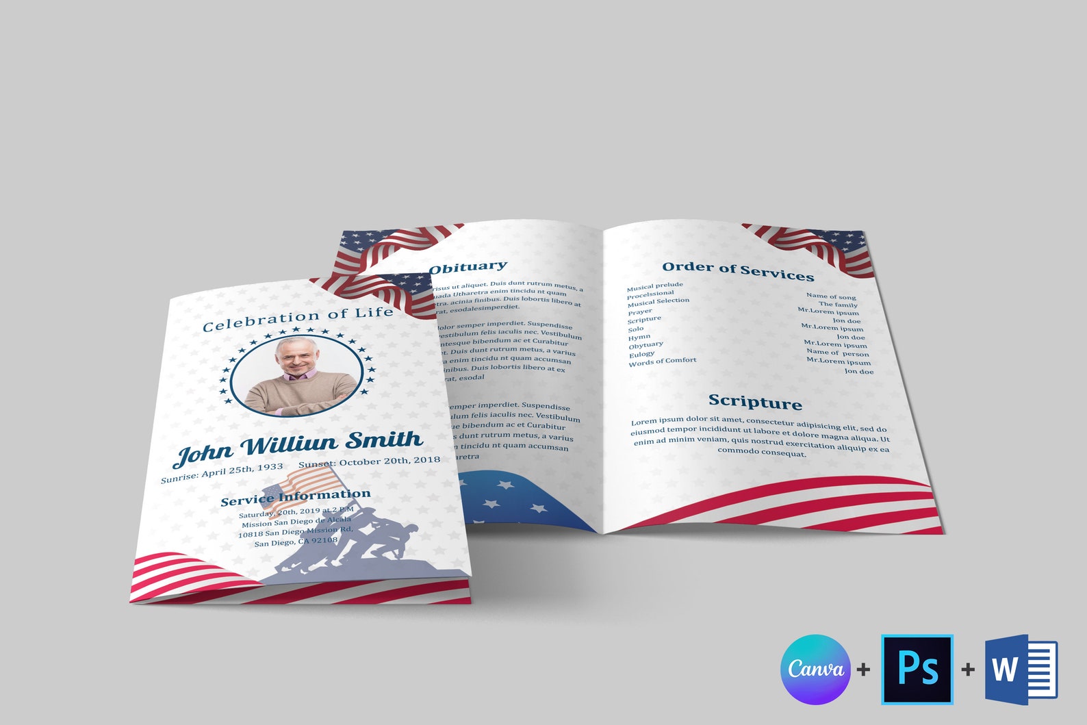 American Flag Military Veteran Funeral Program Template - Etsy