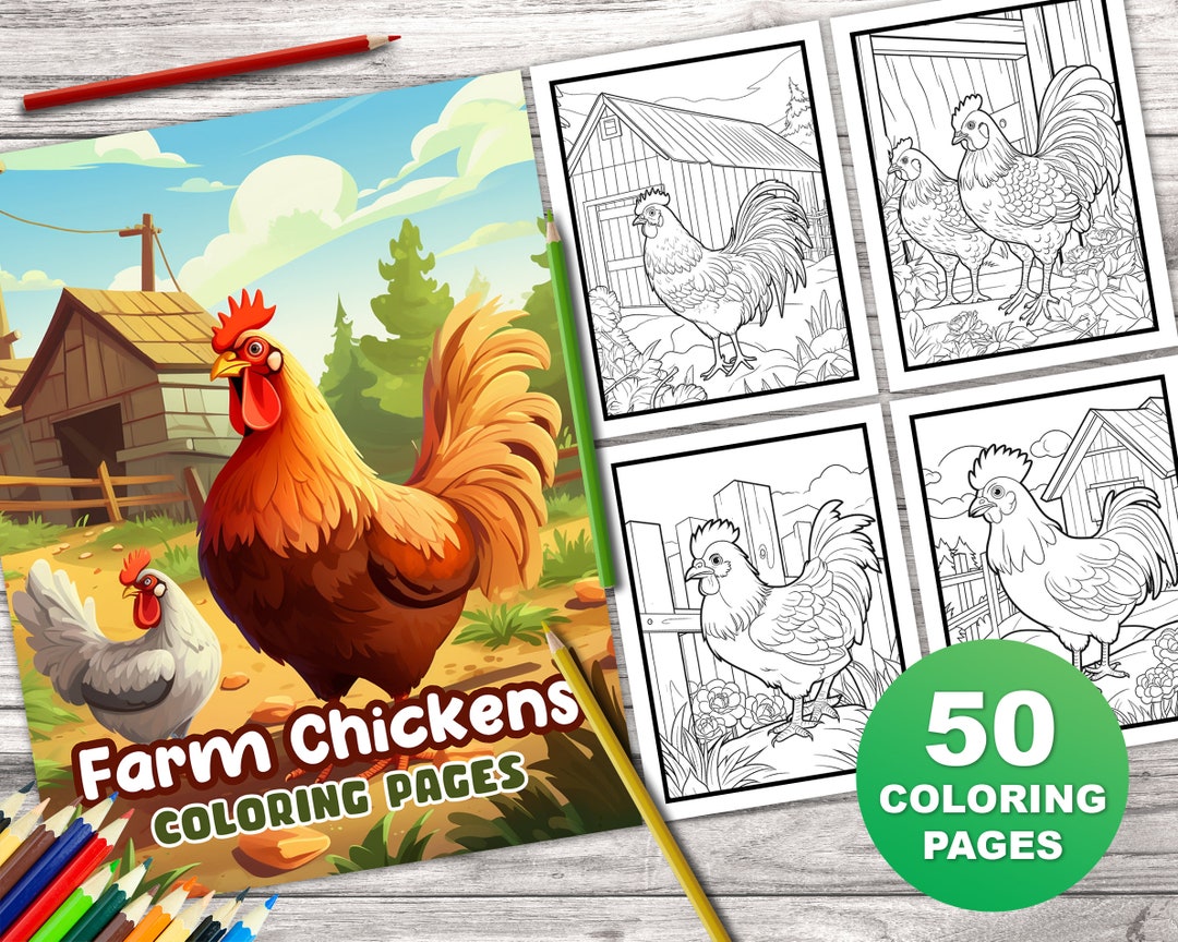 50 Farm Chickens Coloring Book for Kids and Adults Cute Farm Chickens ...